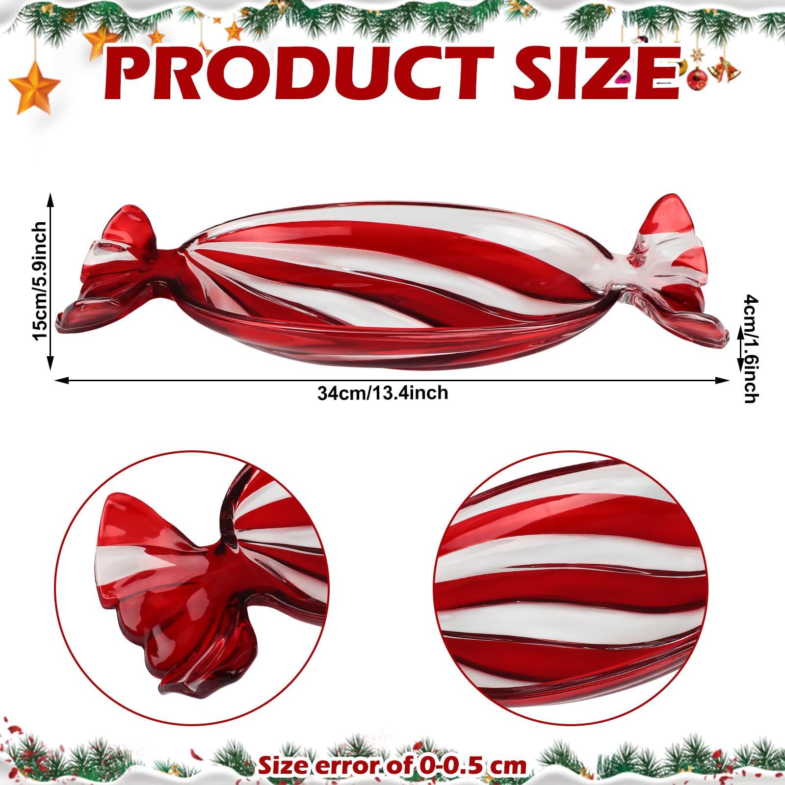 Sliner Christmas Holiday Candy Dish Peppermint Candy Tray Christmas Serving Dishes Candy Cane Christmas Dish Decoration Holiday Candy Bowl Crystal Glass Fruit Plate for Xmas Party(Red, 3Pcs)