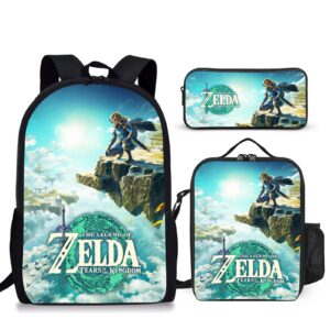 rdxlayiv zelda tears of the kingdom backpack 17inch backpack 3pc backpacks set school bag game fans gift with lunch bag pen case for boys girls studen