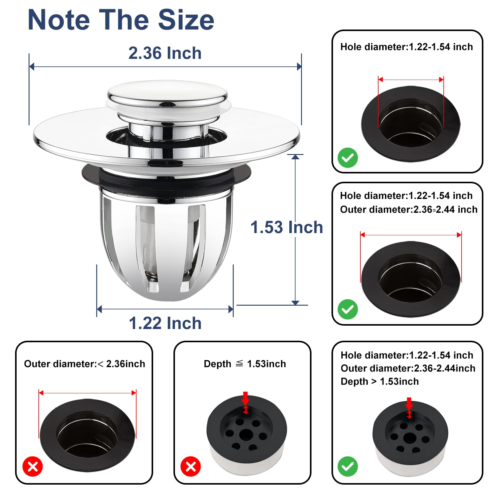 WINDALY 2-in-1 Bathroom Sink Stopper/Sink Drain Strainer, 2 Pcs Basin Pop Up Drain Hair Catcher Bathtub Drain Plug, Upgraded Magnetic Design for 1.22~1.54Inch Washbasin/Bathtub/Drain Hole