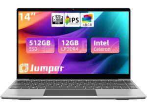 jumper 14 inch laptop, 12gb lpddr4 ram 512gb ssd, intel celeron quad-core processor, windows 11 computer with fhd ips screen, uhd graphics 600, 5g+2.4g wifi, dual speakers, usb3.0, webcam, slim.