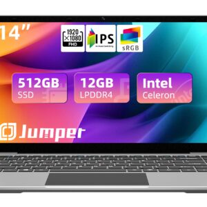 jumper 14 Inch Laptop, 12GB LPDDR4 RAM 512GB SSD, Intel Celeron Quad-Core Processor, Windows 11 Computer with FHD IPS Screen, UHD Graphics 600, 5G+2.4G WiFi, Dual Speakers, USB3.0, Webcam, Slim.