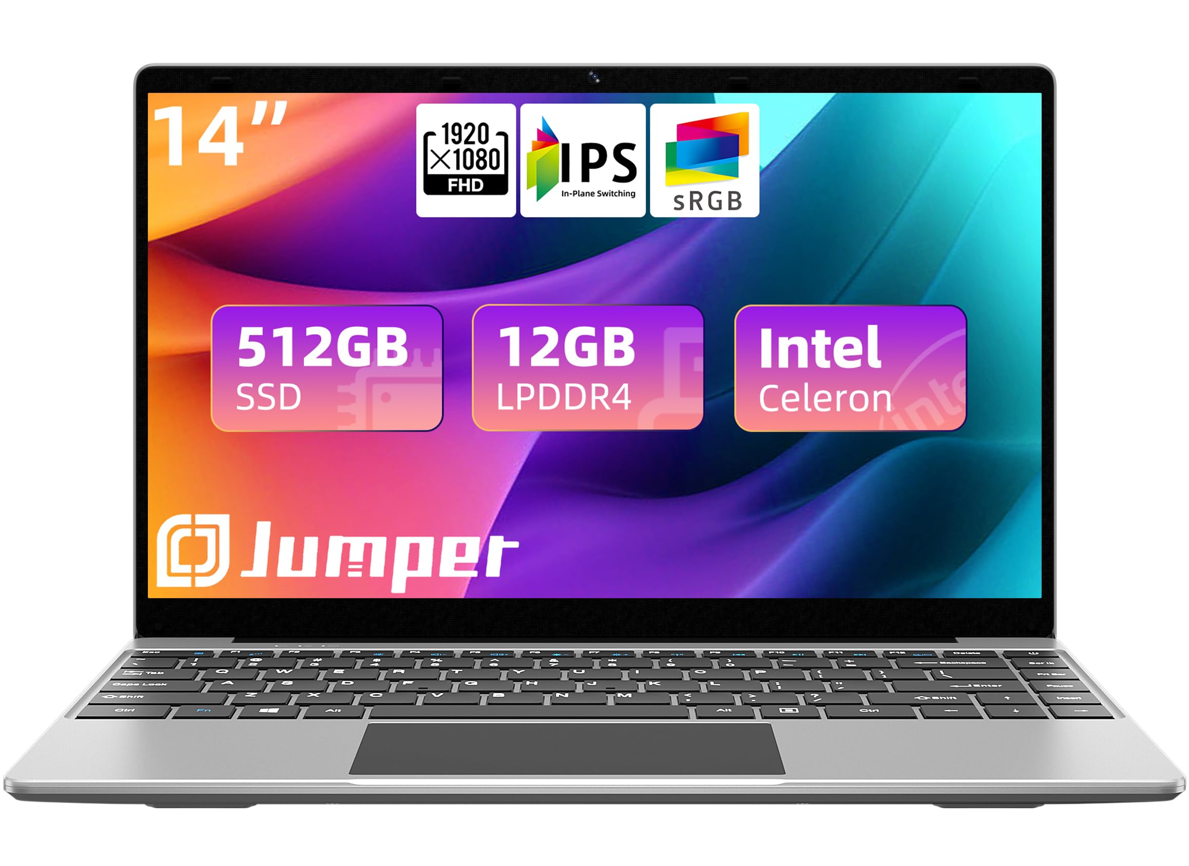 jumper 14 Inch Laptop, 12GB LPDDR4 RAM 512GB SSD, Intel Celeron Quad-Core Processor, Windows 11 Computer with FHD IPS Screen, UHD Graphics 600, 5G+2.4G WiFi, Dual Speakers, USB3.0, Webcam, Slim.