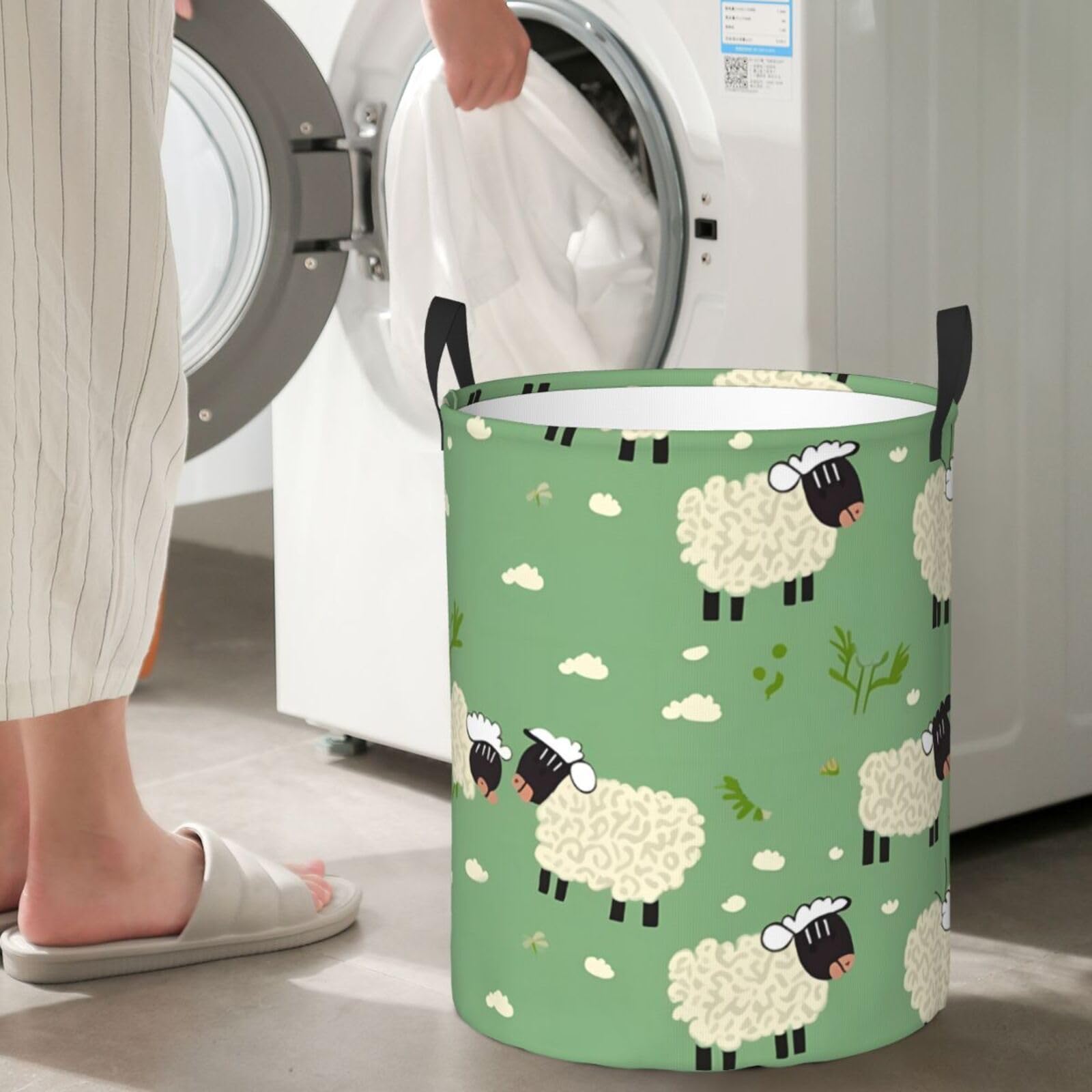 Cute Cartoon Sheep print Circular Hamper Waterproof Storage Bin Organizer Basket Laundry Hamper With Handles For Clothes Toys Small