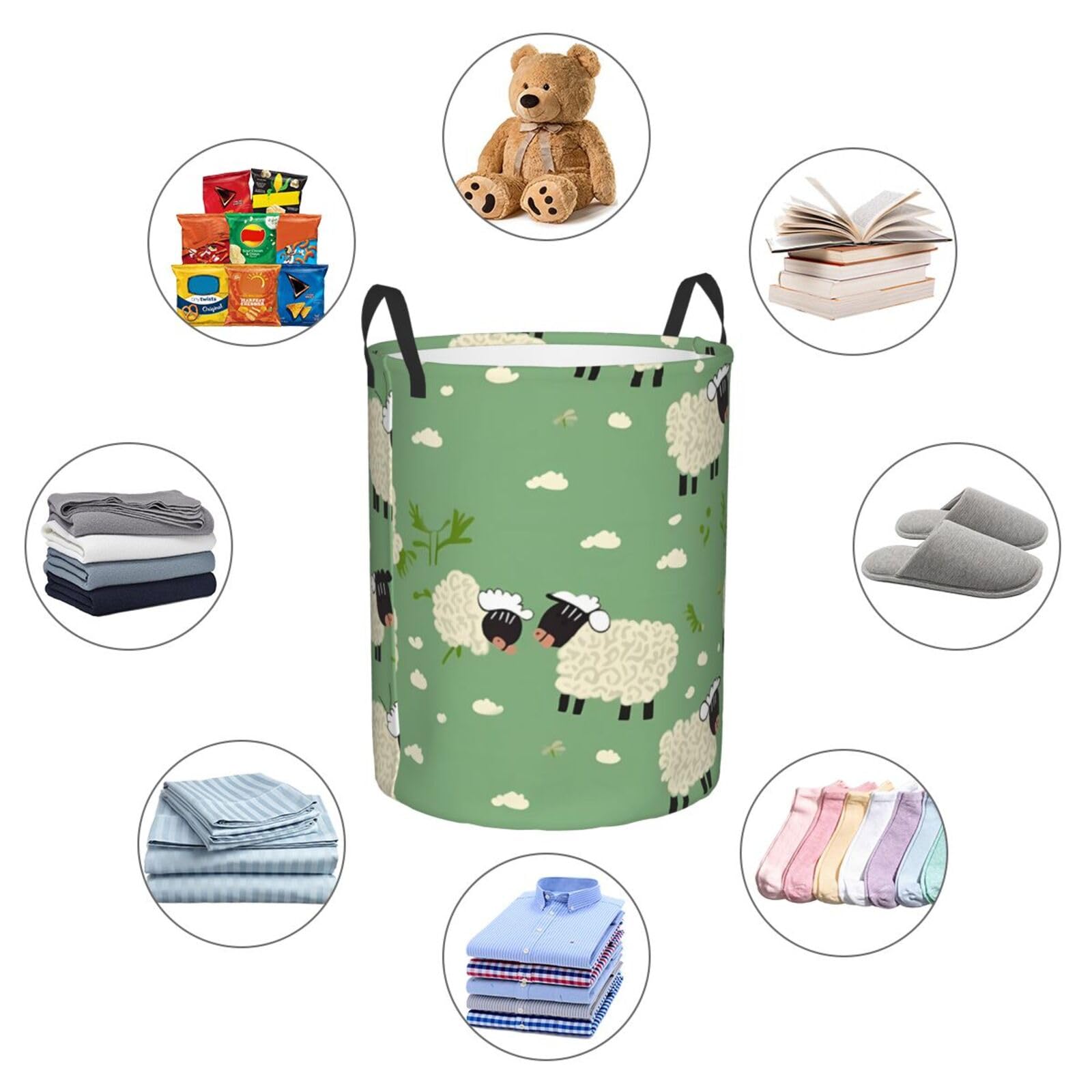 Cute Cartoon Sheep print Circular Hamper Waterproof Storage Bin Organizer Basket Laundry Hamper With Handles For Clothes Toys Small