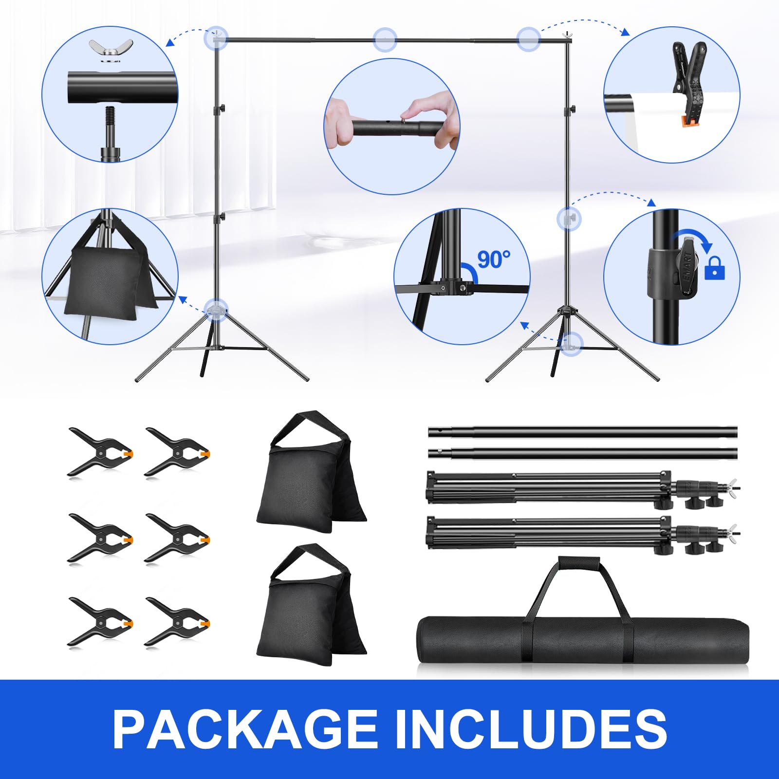 EMART Backdrop Stand,10x8ft Adjustable Photo Background Stand for Parties Photography, Back Drop Stand Banner Background Holder Support System Kit for Photoshoot Video Studio, Birthday