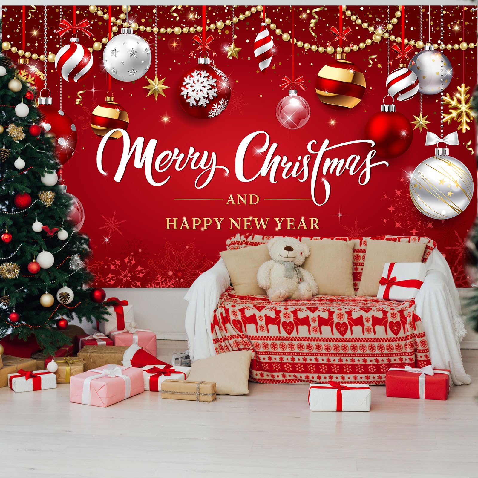 Christmas Backdrop Merry Christmas Party Decoration Christmas Photo Banner Signs Xmas Photography Background Photo Props for Winter New Year Xmas Eve Family Party Decoration Supplies (Ball)