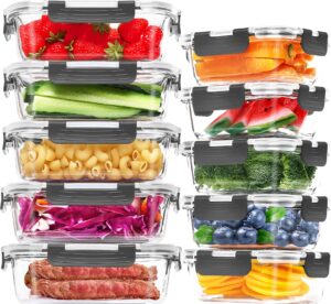 skroam 10 pack glass food storage containers with lids, glass airtight meal prep container set for lunch, on the go, leftover, kitchen pantry organizers and storage, bpa free & leak proof