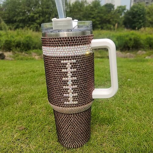 MYHOBBY Crystal 40 Oz Tumbler with Handle,Football Stainless Steel Water Bottle Double Wall Insulated Travel Mug,Good Gift For Ball Game Lover,Brown