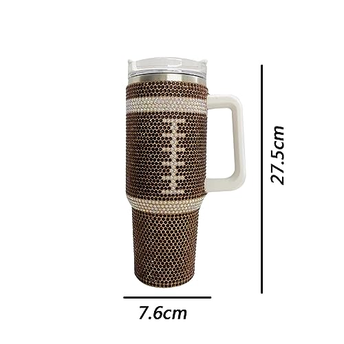 MYHOBBY Crystal 40 Oz Tumbler with Handle,Football Stainless Steel Water Bottle Double Wall Insulated Travel Mug,Good Gift For Ball Game Lover,Brown