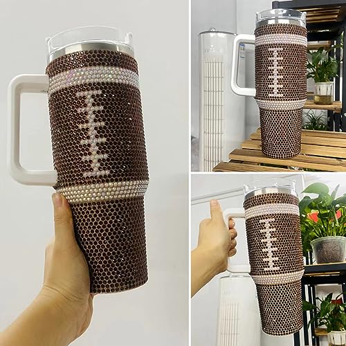 MYHOBBY Crystal 40 Oz Tumbler with Handle,Football Stainless Steel Water Bottle Double Wall Insulated Travel Mug,Good Gift For Ball Game Lover,Brown