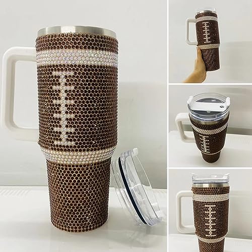 MYHOBBY Crystal 40 Oz Tumbler with Handle,Football Stainless Steel Water Bottle Double Wall Insulated Travel Mug,Good Gift For Ball Game Lover,Brown