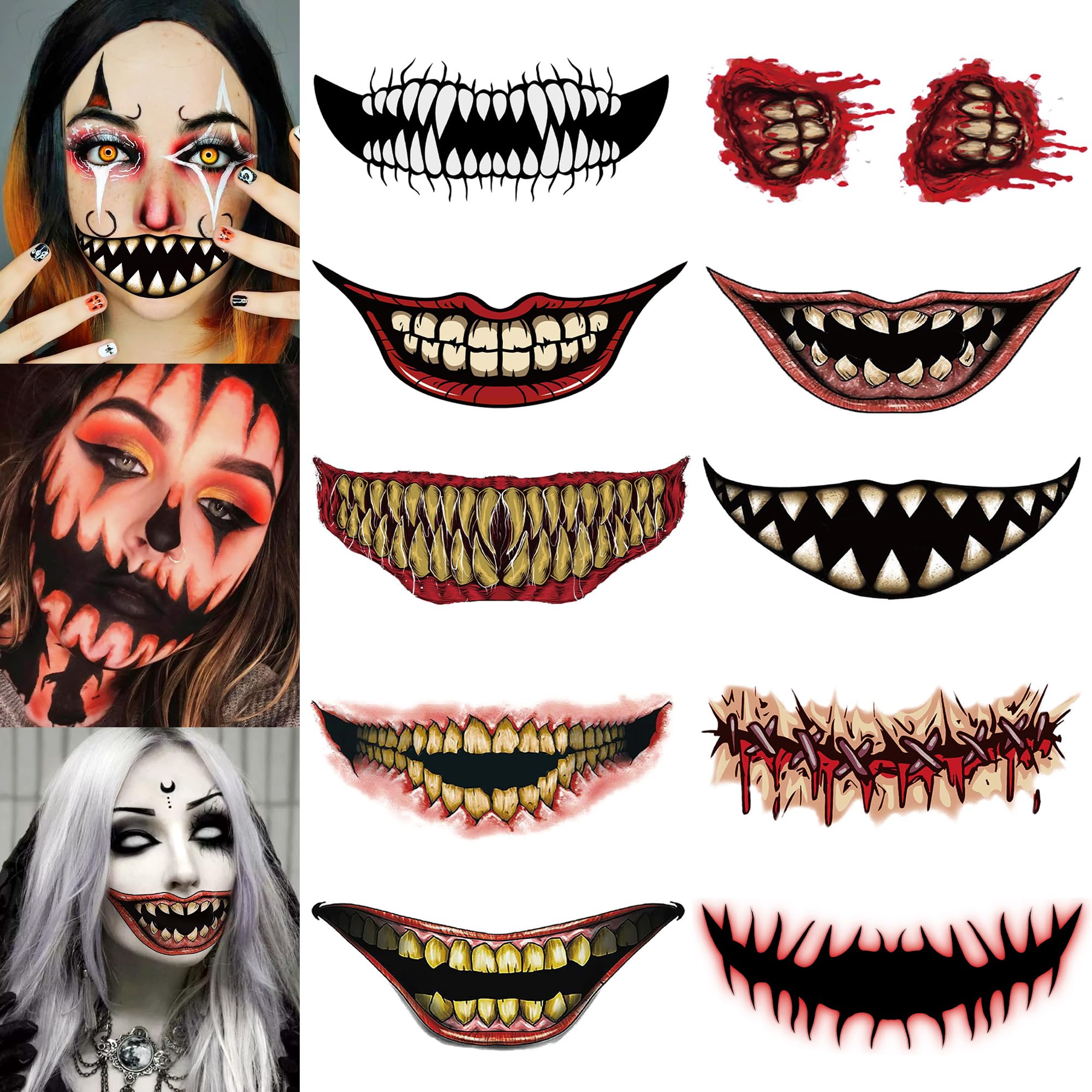 10Pcs Halloween Prank Makeup Big Mouth Temporary Tattoo, Clown Horror Mouth Fake Tattoo Stickers Face Scary Decals Prank Props for Halloween Cosplay Party