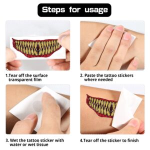 10Pcs Halloween Prank Makeup Big Mouth Temporary Tattoo, Clown Horror Mouth Fake Tattoo Stickers Face Scary Decals Prank Props for Halloween Cosplay Party