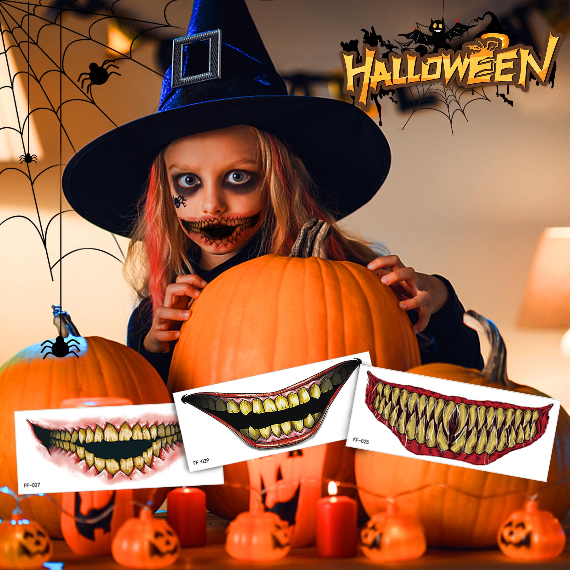 10Pcs Halloween Prank Makeup Big Mouth Temporary Tattoo, Clown Horror Mouth Fake Tattoo Stickers Face Scary Decals Prank Props for Halloween Cosplay Party