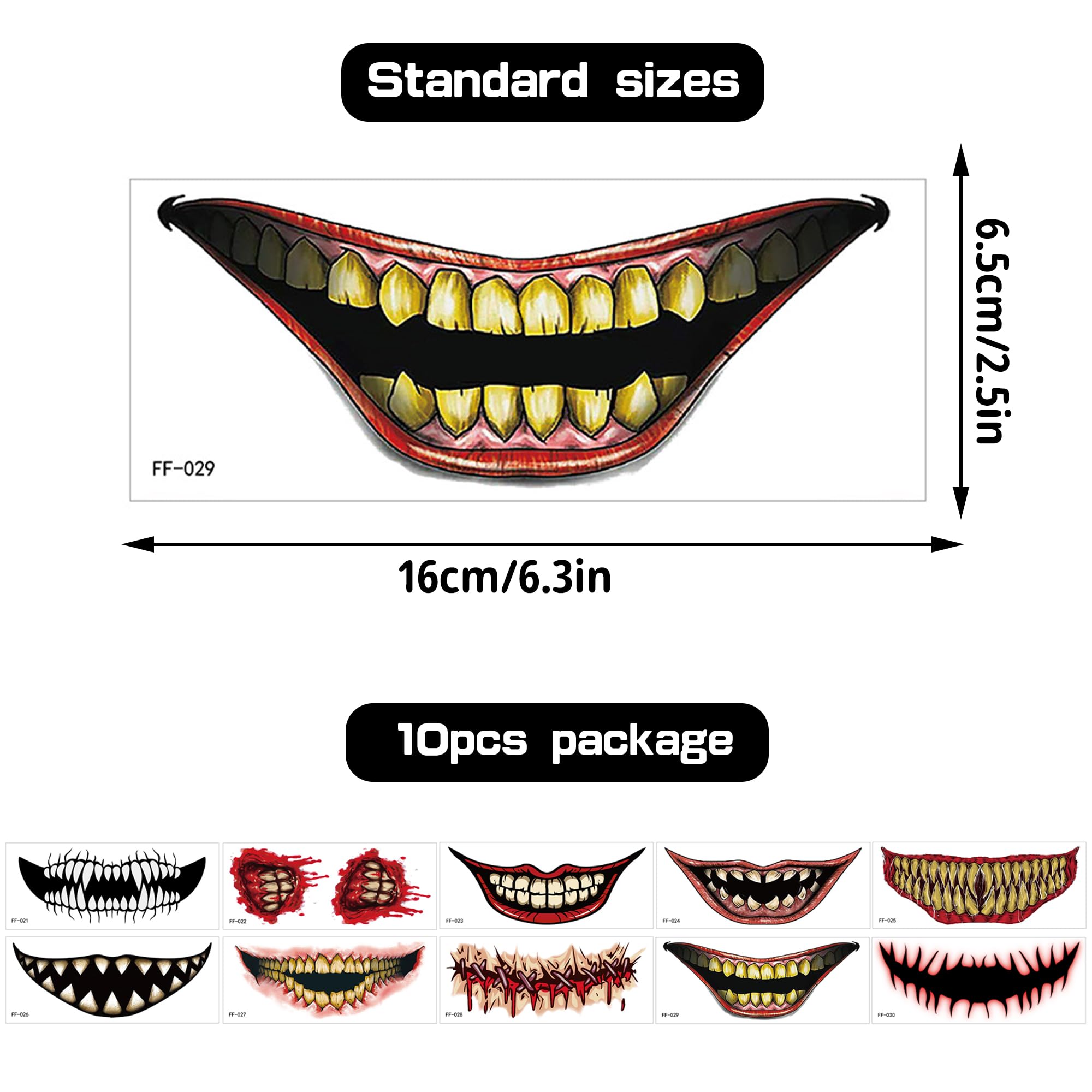 10Pcs Halloween Prank Makeup Big Mouth Temporary Tattoo, Clown Horror Mouth Fake Tattoo Stickers Face Scary Decals Prank Props for Halloween Cosplay Party