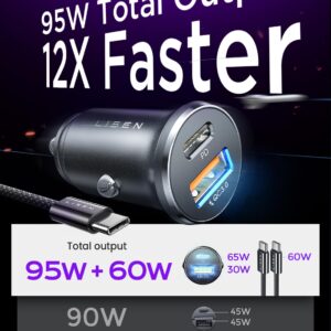 LISEN 95W Car Charger USB C Fast Charge PD65W Super Fast Charging Car Phone Charger Adapter Type C All Metal Cigarette Lighter USB Charger Adapter for iPhone 15 Pro Max iPad Pro Samsung Galaxy