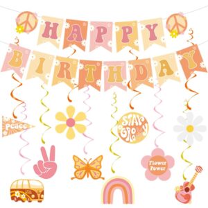 Groovy Party Banners Boho Happy Birthday Party Decorations Daisy Flower Hanging Swirls Retro Hippie Party Ceiling Streamers for Two Groovy Retro Girls Party Supplies Baby Shower Party Supplies