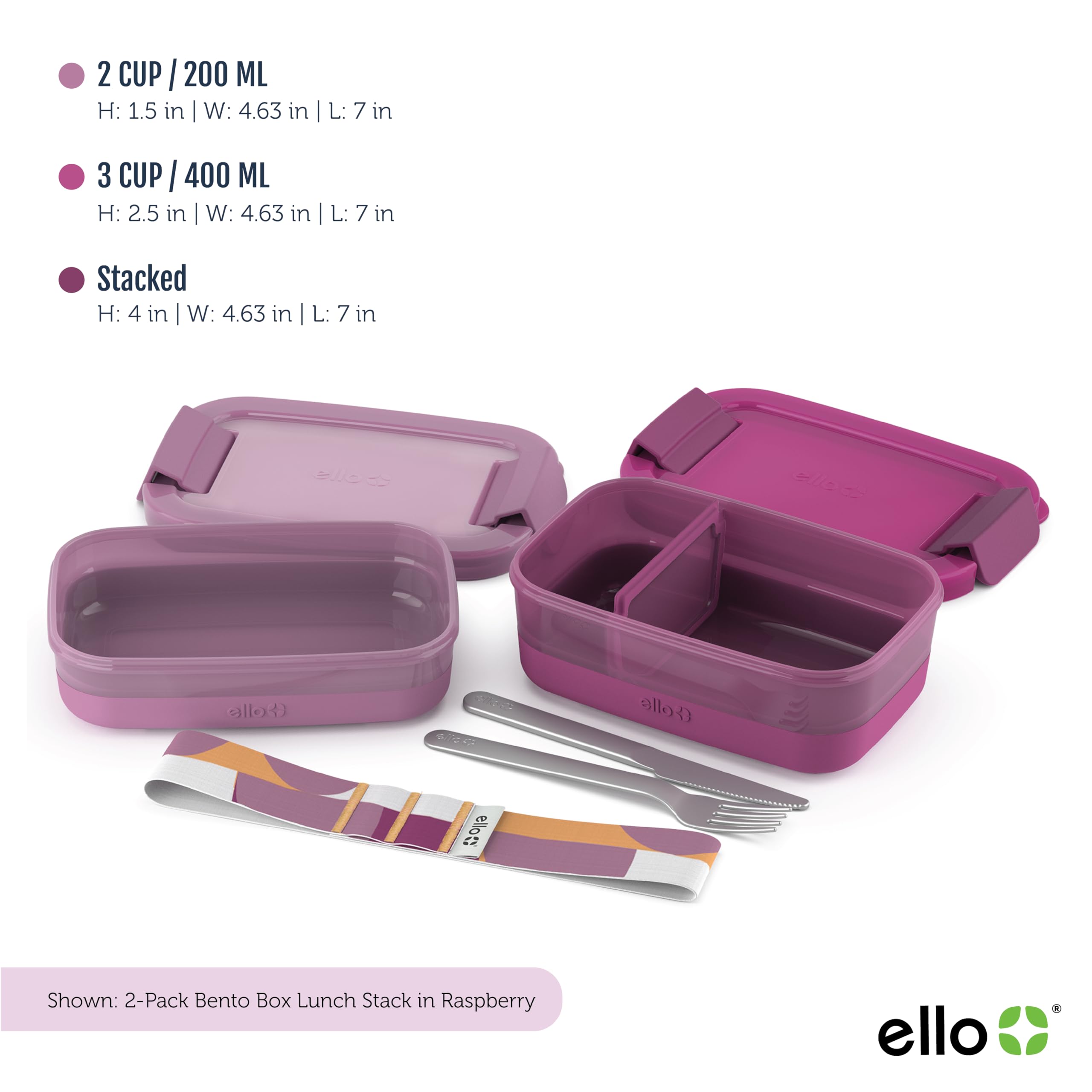 Ello 2-Pack Bento Box Lunch Stack Plastic Food Storage Container, Raspberry, Leak-Proof, BPA-Free, Freezer, Microwave and Dishwasher Safe