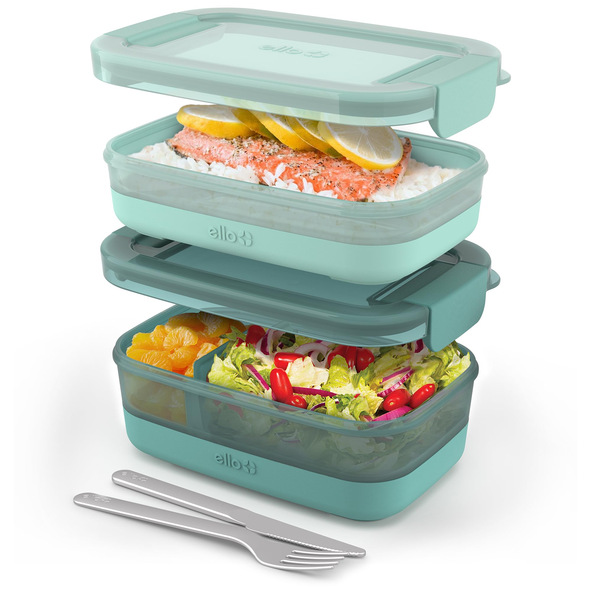 Ello 2-Pack Bento Box Lunch Stack Plastic Food Storage Container | Leak-Proof Locking Plastic Lids | Silicone Base | BPA-Free | Freezer Microwave and Dishwasher Safe | Mint Chip