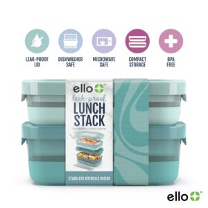 Ello 2-Pack Bento Box Lunch Stack Plastic Food Storage Container | Leak-Proof Locking Plastic Lids | Silicone Base | BPA-Free | Freezer Microwave and Dishwasher Safe | Mint Chip