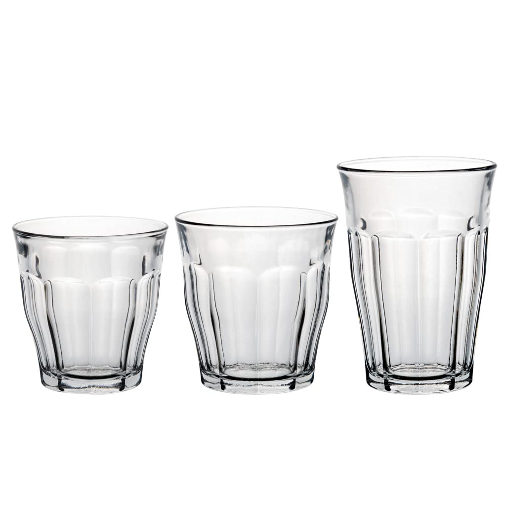 Duralex Made In France Picardie 18-Piece Glass Tumbler Drinking Set, Clear. Set includes; (6 Units) 8-3/8 oz Tumblers; (6 Units) 10-3/8 oz Tumblers; (6 Units) 12-1/8 Tumblers