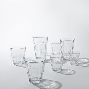 Duralex Made In France Picardie 18-Piece Glass Tumbler Drinking Set, Clear. Set includes; (6 Units) 8-3/8 oz Tumblers; (6 Units) 10-3/8 oz Tumblers; (6 Units) 12-1/8 Tumblers