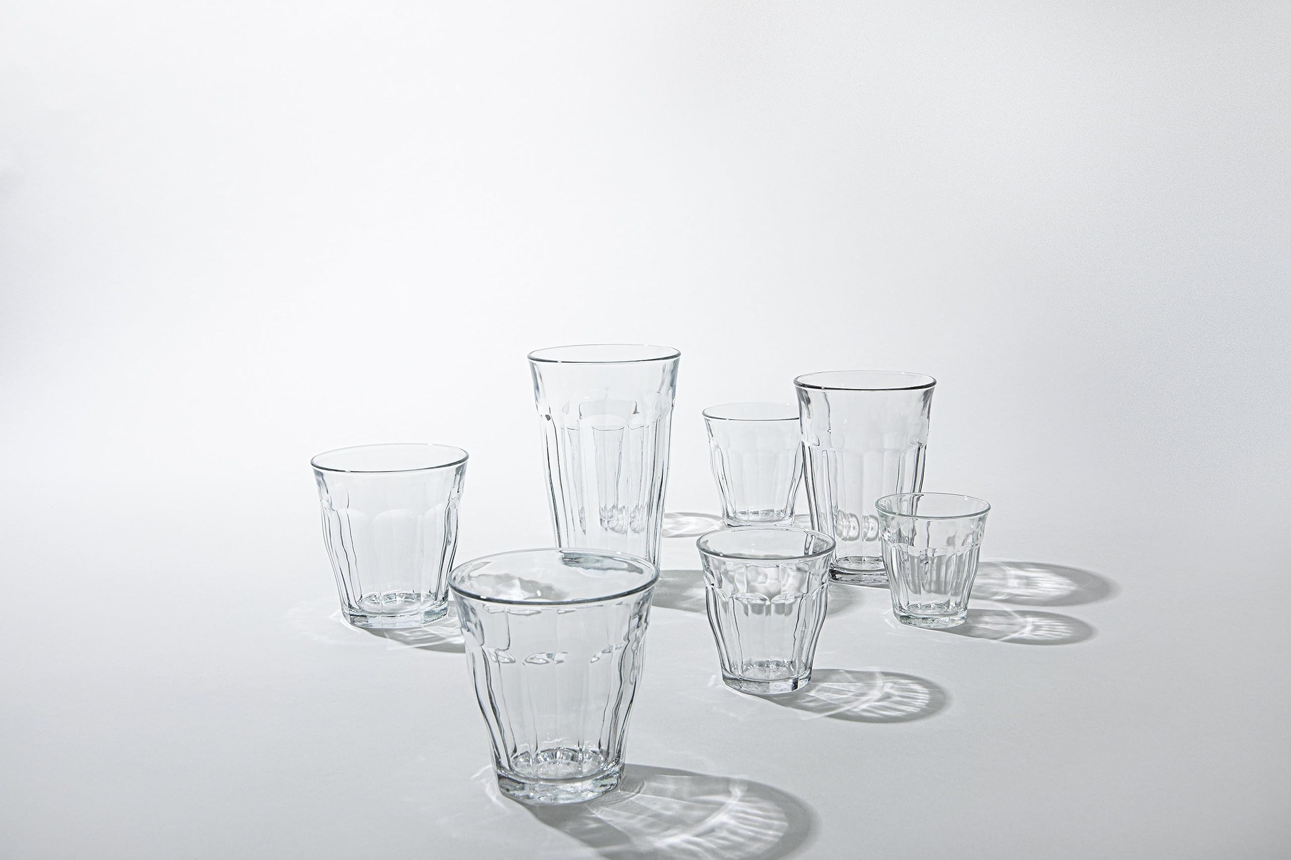 Duralex Made In France Picardie 18-Piece Glass Tumbler Drinking Set, Clear. Set includes; (6 Units) 8-3/8 oz Tumblers; (6 Units) 10-3/8 oz Tumblers; (6 Units) 12-1/8 Tumblers