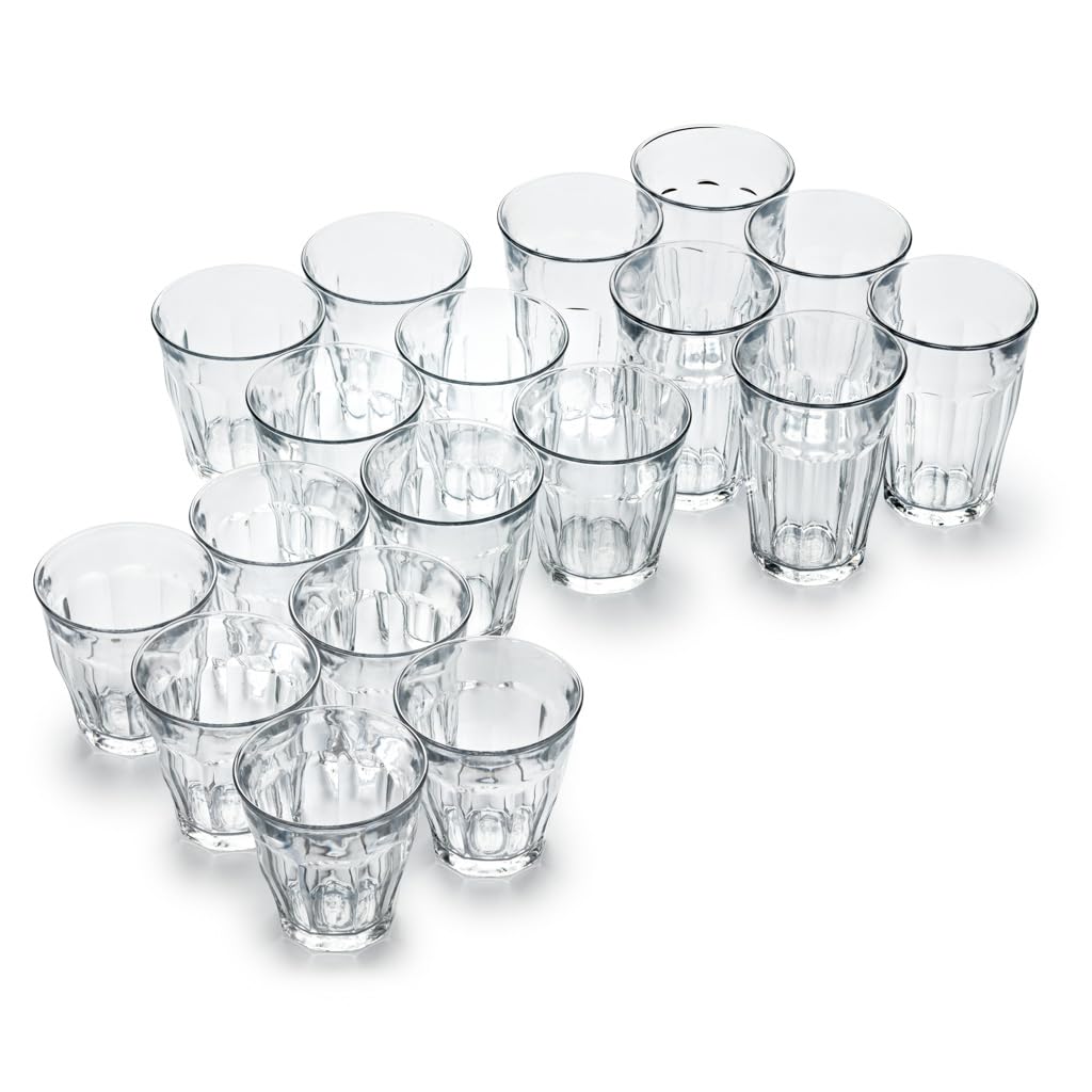 Duralex Made In France Picardie 18-Piece Glass Tumbler Drinking Set, Clear. Set includes; (6 Units) 8-3/8 oz Tumblers; (6 Units) 10-3/8 oz Tumblers; (6 Units) 12-1/8 Tumblers