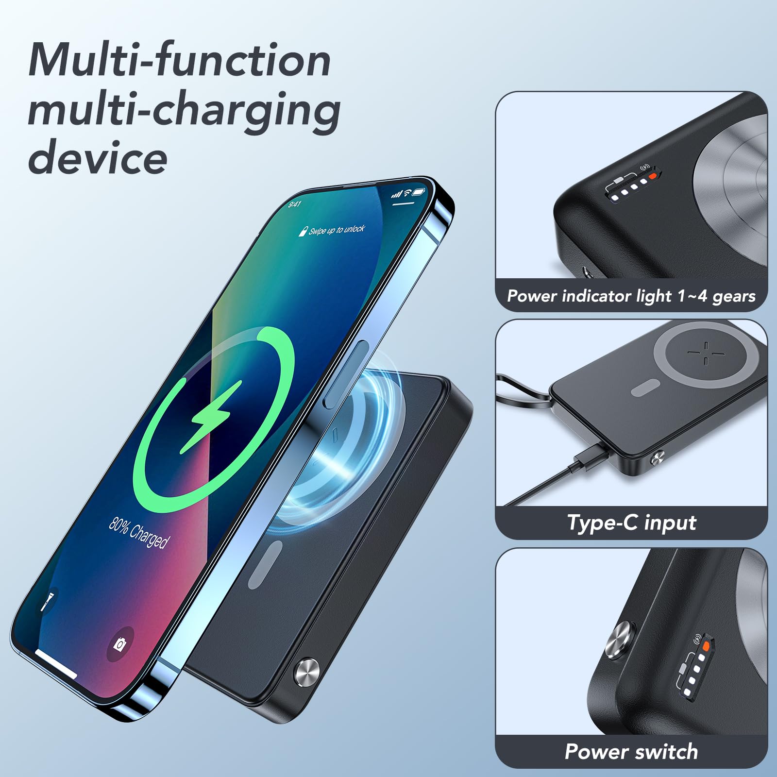 HUOTO Magnetic Power Bank,10000mAh Wireless Portable Charger USB C Cords Battery Pack Fast Charging for Phones, 22.5W PD Fast Charging Battery Pack for MagSafe for iPhone 15/14/13/12 Series