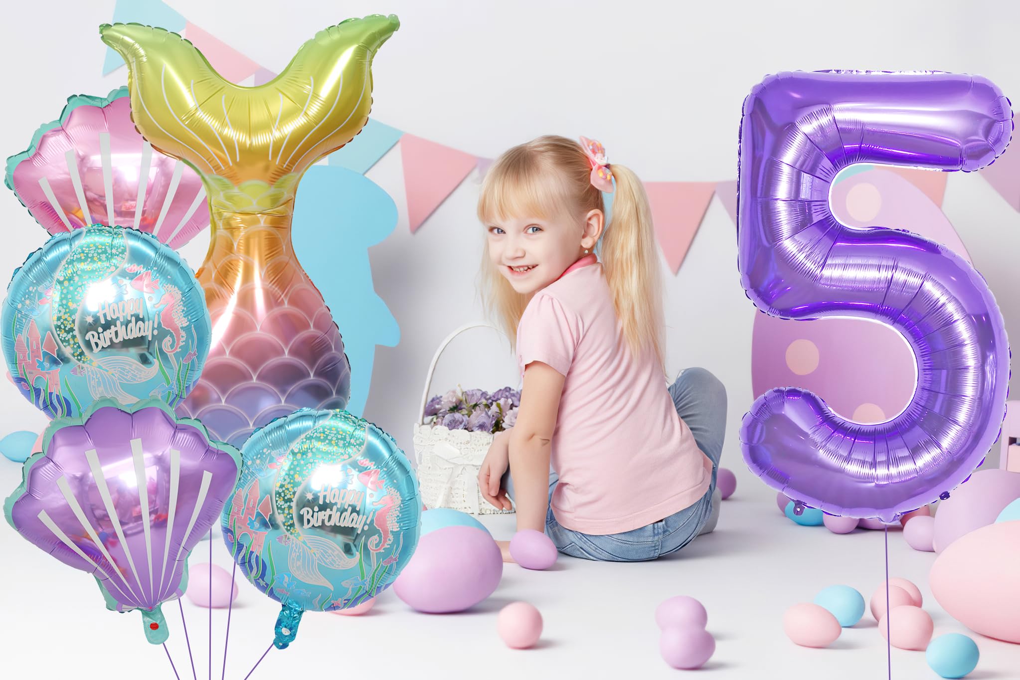 Mermaid Birthday Party Decorations, Mermaid Birthday Party Supplies Included Mermaid Tail Seashell and 40 Inch Purple Number 5 Balloons, Girl's 5th Birthday Party and Baby Shower Favors