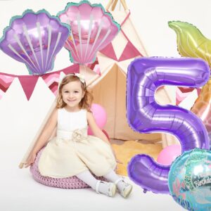 Mermaid Birthday Party Decorations, Mermaid Birthday Party Supplies Included Mermaid Tail Seashell and 40 Inch Purple Number 5 Balloons, Girl's 5th Birthday Party and Baby Shower Favors