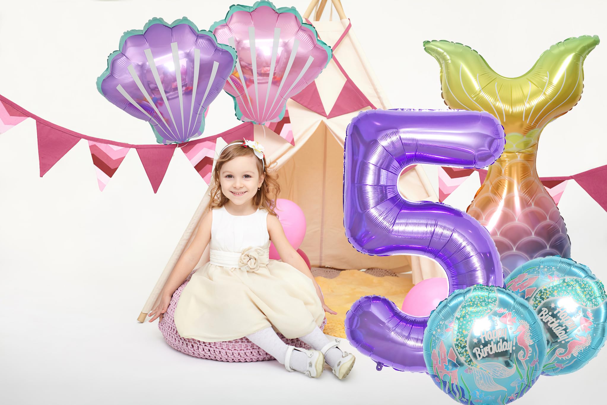 Mermaid Birthday Party Decorations, Mermaid Birthday Party Supplies Included Mermaid Tail Seashell and 40 Inch Purple Number 5 Balloons, Girl's 5th Birthday Party and Baby Shower Favors