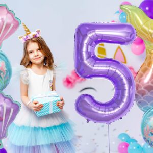 Mermaid Birthday Party Decorations, Mermaid Birthday Party Supplies Included Mermaid Tail Seashell and 40 Inch Purple Number 5 Balloons, Girl's 5th Birthday Party and Baby Shower Favors