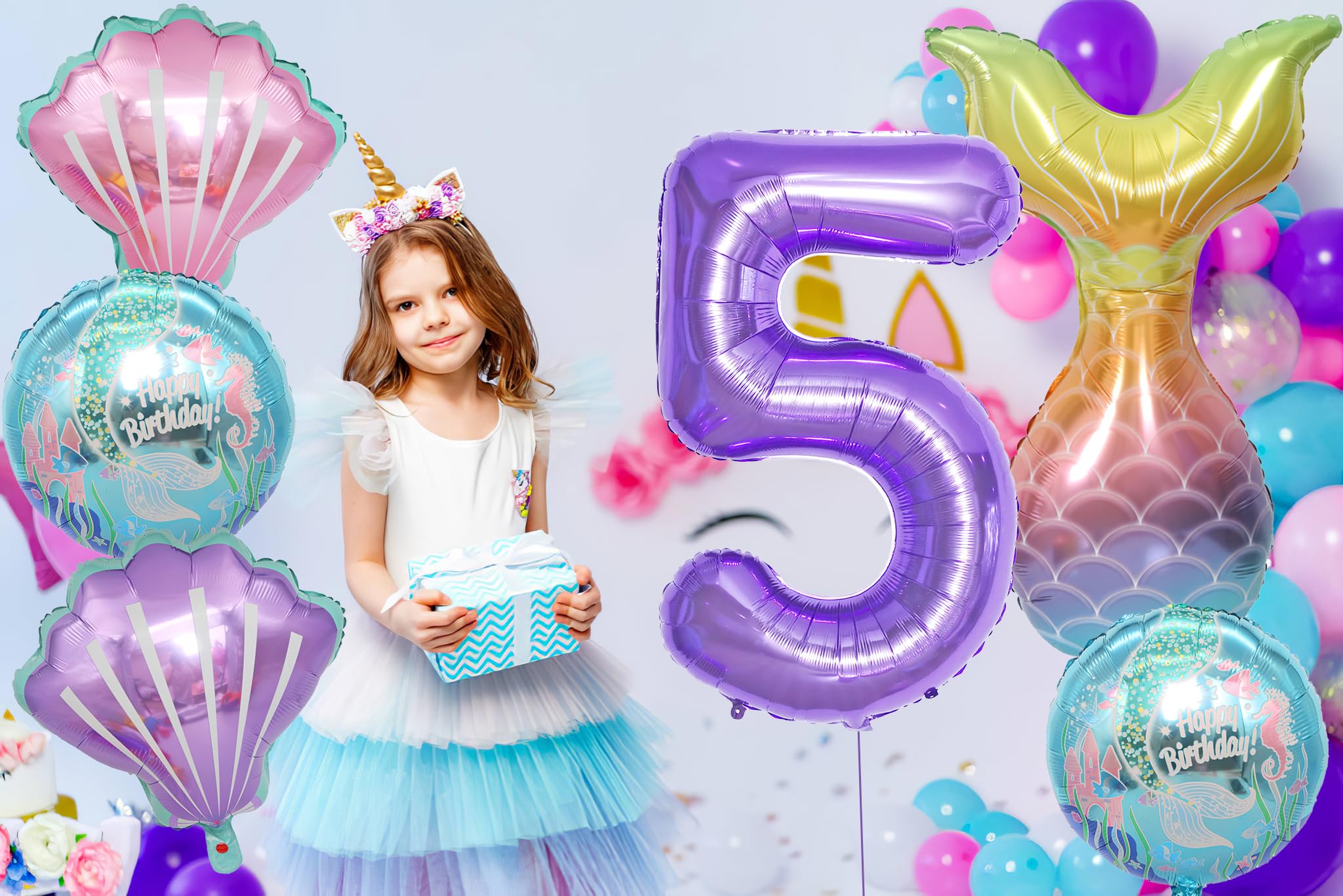 Mermaid Birthday Party Decorations, Mermaid Birthday Party Supplies Included Mermaid Tail Seashell and 40 Inch Purple Number 5 Balloons, Girl's 5th Birthday Party and Baby Shower Favors