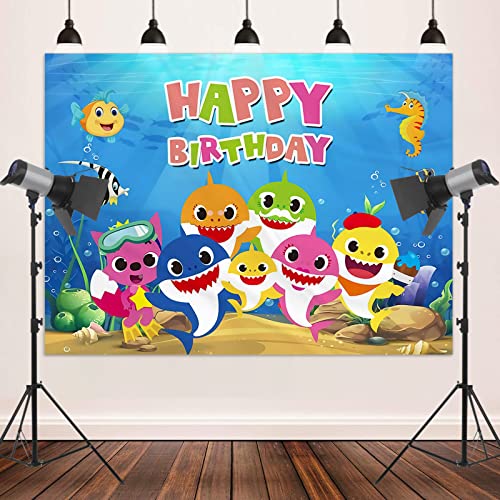 5X3 FT Shark Birthday Party Backdrop for Kids, Cartoon Birthday Party Photo Background for Baby Shower Party Decoration Boys Girls Birthday Photography Backdrop (5X3 FT-A)