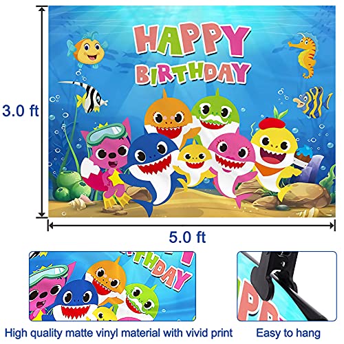 5X3 FT Shark Birthday Party Backdrop for Kids, Cartoon Birthday Party Photo Background for Baby Shower Party Decoration Boys Girls Birthday Photography Backdrop (5X3 FT-A)