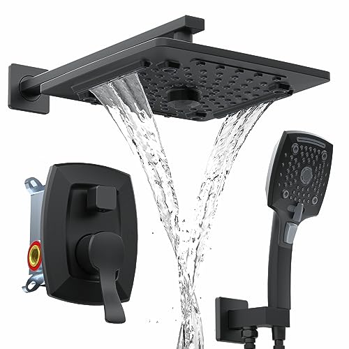 ELLO&ALLO Matte Black Bathroom Shower Faucet Set with Valve, Rainfall Shower Head with Handheld Combo