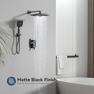 ELLO&ALLO Matte Black Bathroom Shower Faucet Set with Valve, Rainfall Shower Head with Handheld Combo