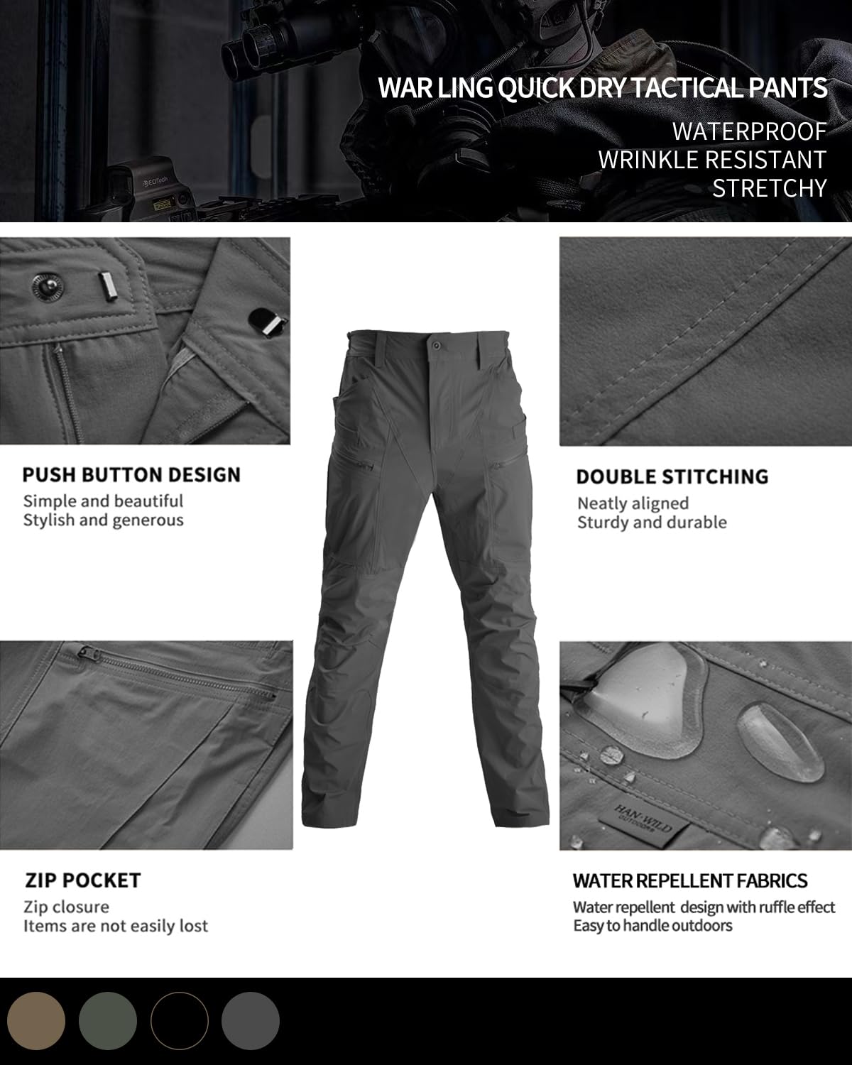 HAN·WILD Men's Tactical Pants Hiking Cargo Pant Lightweight Tear-Resistant Outdoor Combat Military Trousers Gray