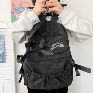 HOKMAH Y2K Backpack for Daily Use, Grunge Bow Tie Kawaii Design Bookbag Daypack Shoulder Bag Ita Bag JK Harajuku Cute Chic (black)