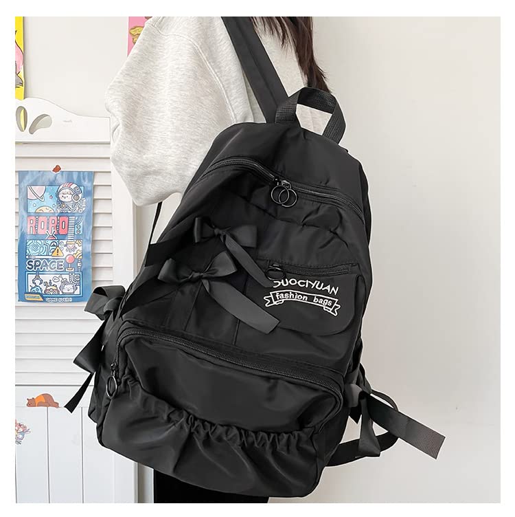 HOKMAH Y2K Backpack for Daily Use, Grunge Bow Tie Kawaii Design Bookbag Daypack Shoulder Bag Ita Bag JK Harajuku Cute Chic (black)