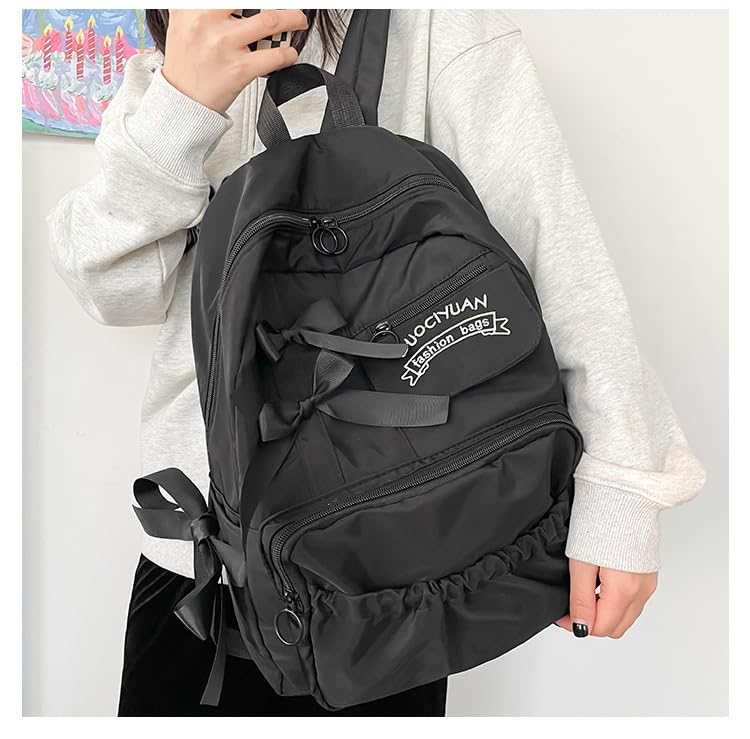 HOKMAH Y2K Backpack for Daily Use, Grunge Bow Tie Kawaii Design Bookbag Daypack Shoulder Bag Ita Bag JK Harajuku Cute Chic (black)