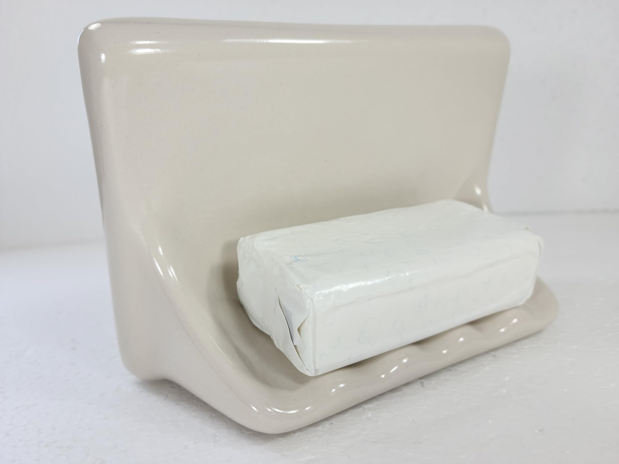 Beige Bone Almond Ceramic Soap Dish Shower Tray Tile in Installation Vintage Mid Century Modern Retro