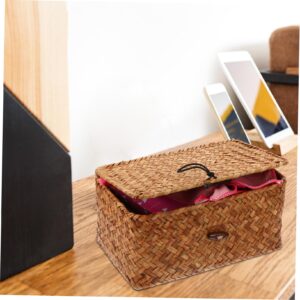 Didiseaon 2 Pcs Woven Storage Box Storage Baskets with Lids Baskets with Lids for Organizing Wicker Shelf Tall Wicker Basket Desk Storage Organizer Seaweed Case Rectangle Bamboo Storage Rack