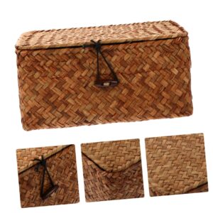 Didiseaon 2 Pcs Woven Storage Box Storage Baskets with Lids Baskets with Lids for Organizing Wicker Shelf Tall Wicker Basket Desk Storage Organizer Seaweed Case Rectangle Bamboo Storage Rack