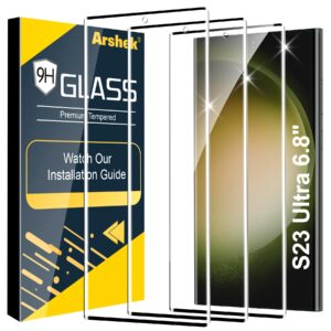 arshek 3 pack galaxy s23 ultra screen protector, hd clear tempered glass, fingerprint unlock, 3d curved, scratch resistant, bubble-free for samsung galaxy s23 ultra 5g glass screen protector