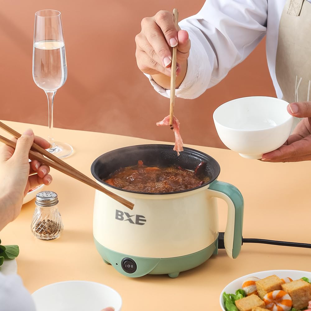 BXE 6-in-1 kitchen Electric Electric Hot Pot, Portable Multi Functional Travel Cooker Auto Power Off Rapid Heating Compact and Portable ，1.5L Rapid Noodles Cooker, Non-Stick Electric Pot Perfect for