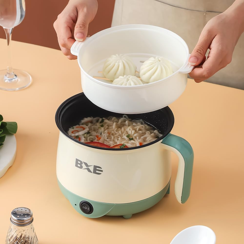 BXE 6-in-1 kitchen Electric Electric Hot Pot, Portable Multi Functional Travel Cooker Auto Power Off Rapid Heating Compact and Portable ，1.5L Rapid Noodles Cooker, Non-Stick Electric Pot Perfect for