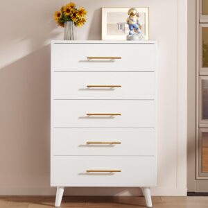 aiho 5 drawer dresser for bedroom, tall chest of drawers with metal handles, wood storage organizer dresser nursery dresser, for living room/hallway/entryway, white