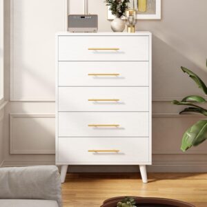 Aiho 5 Drawer Dresser for Bedroom, Tall Chest of Drawers with Metal Handles, Wood Storage Organizer Dresser Nursery Dresser, for Living Room/Hallway/Entryway, White